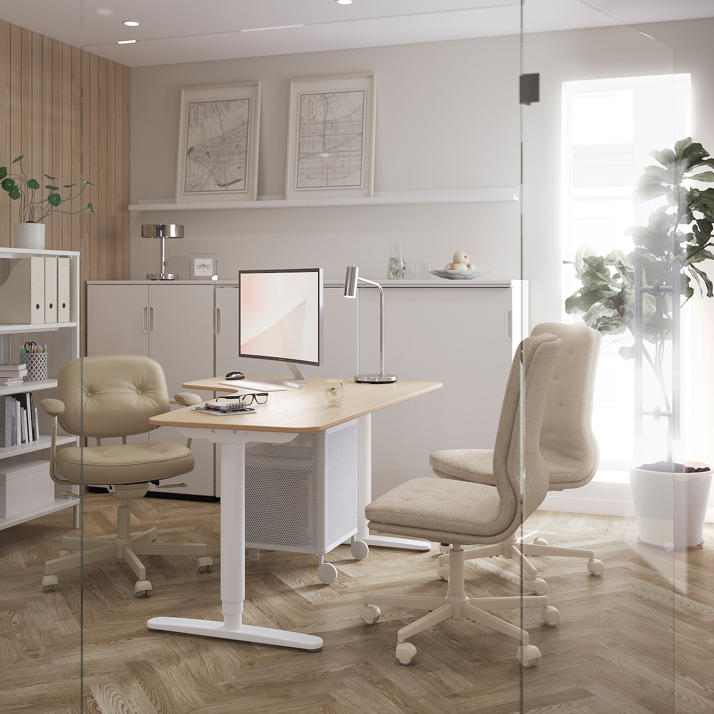 BEKANT corner desk left sit stand white stained oak veneer white IKEA