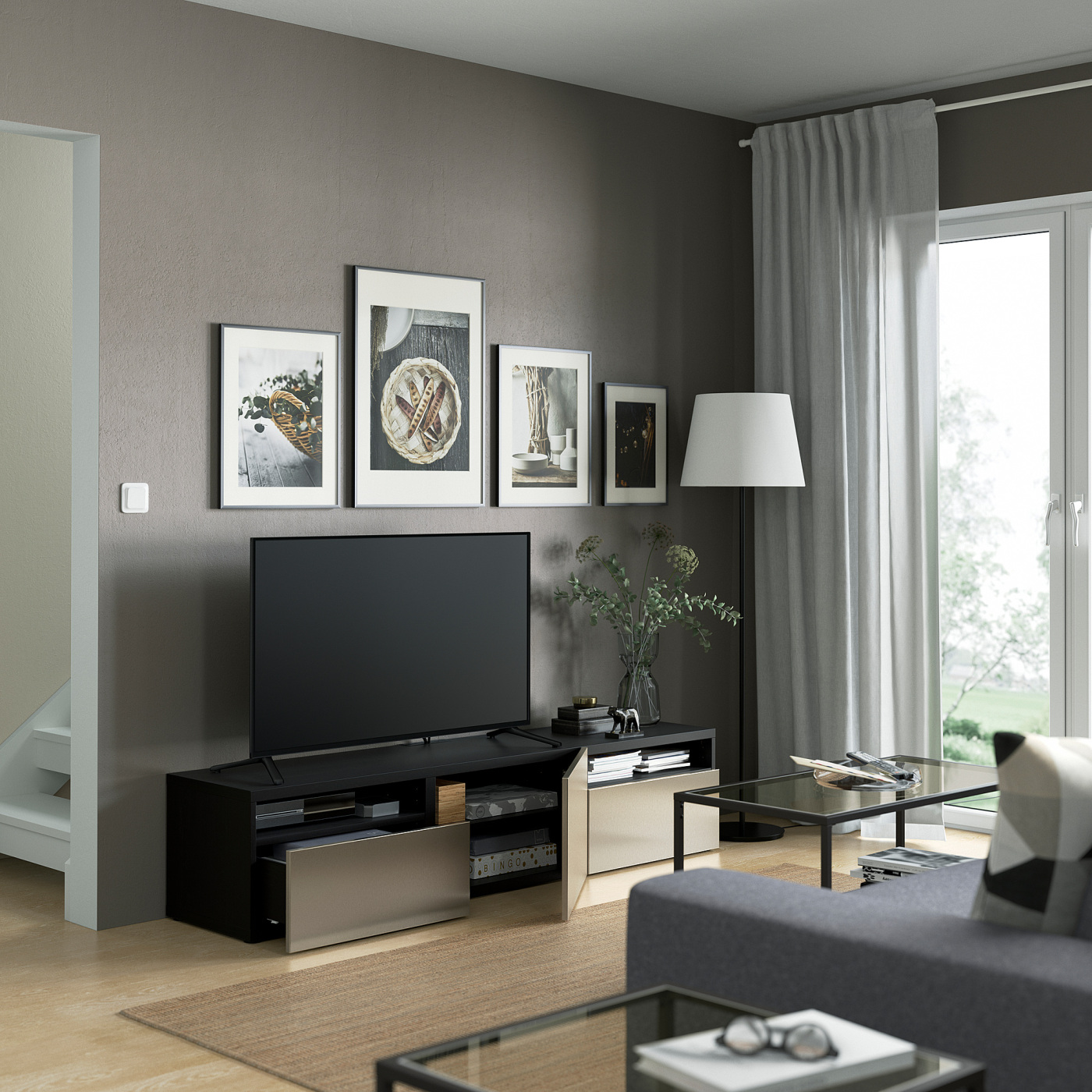 BESTÅ TV bench with drawers and door black-brown/Riksviken light bronze ...