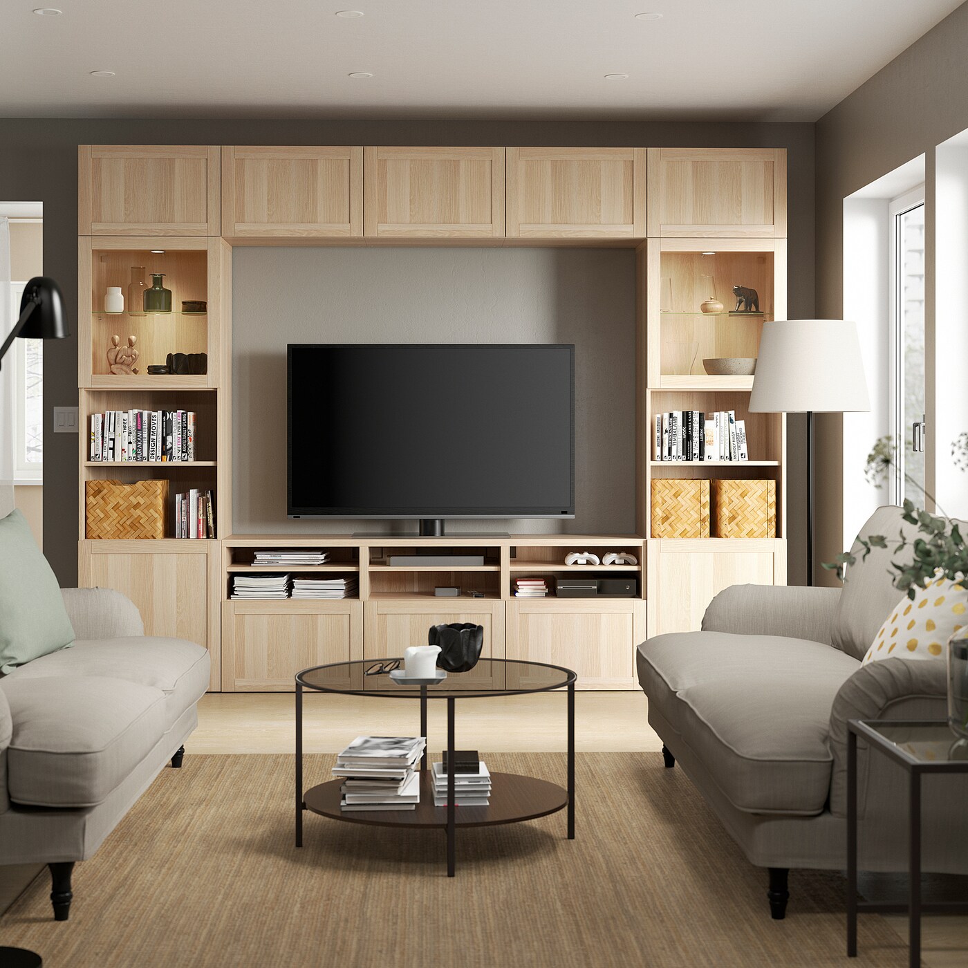 BESTA TV storage combination glass doors white stained oak effect Sindvik Hanviken white stained oak eff clear glass IKEA