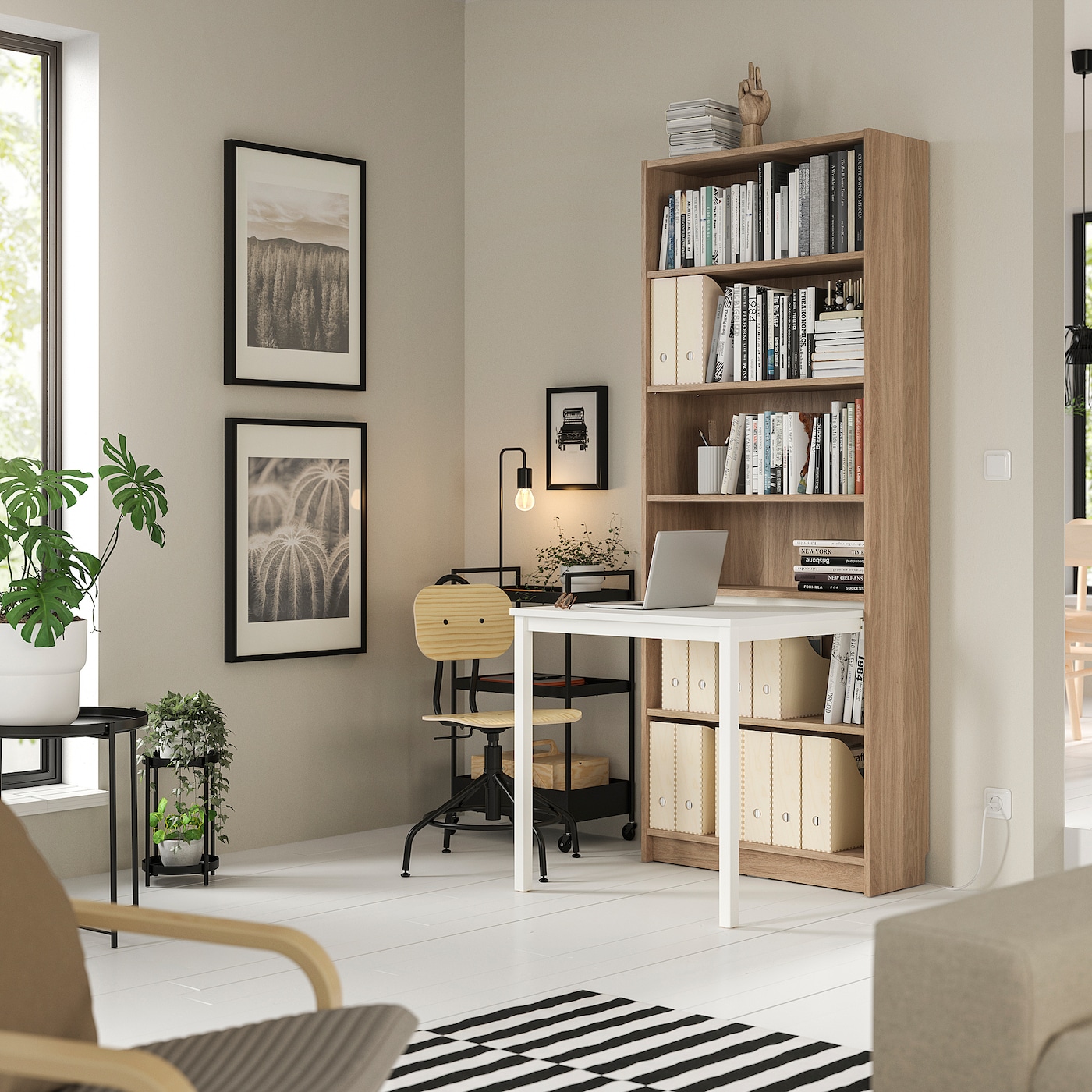 BILLY Bookcase with desk oak effect/white - IKEA