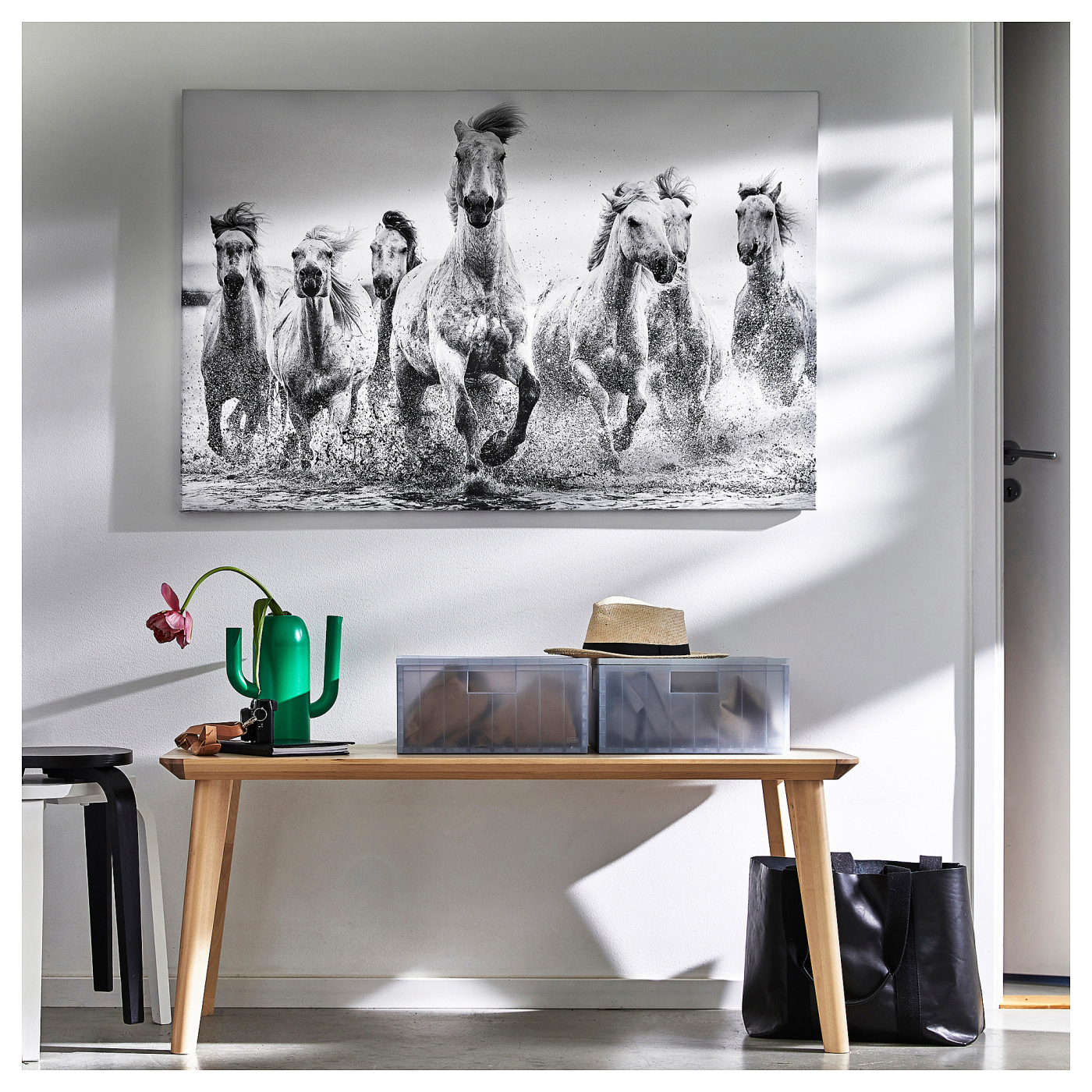 BJÖRKSTA picture with frame horses at the water's edge/aluminium-colour ...