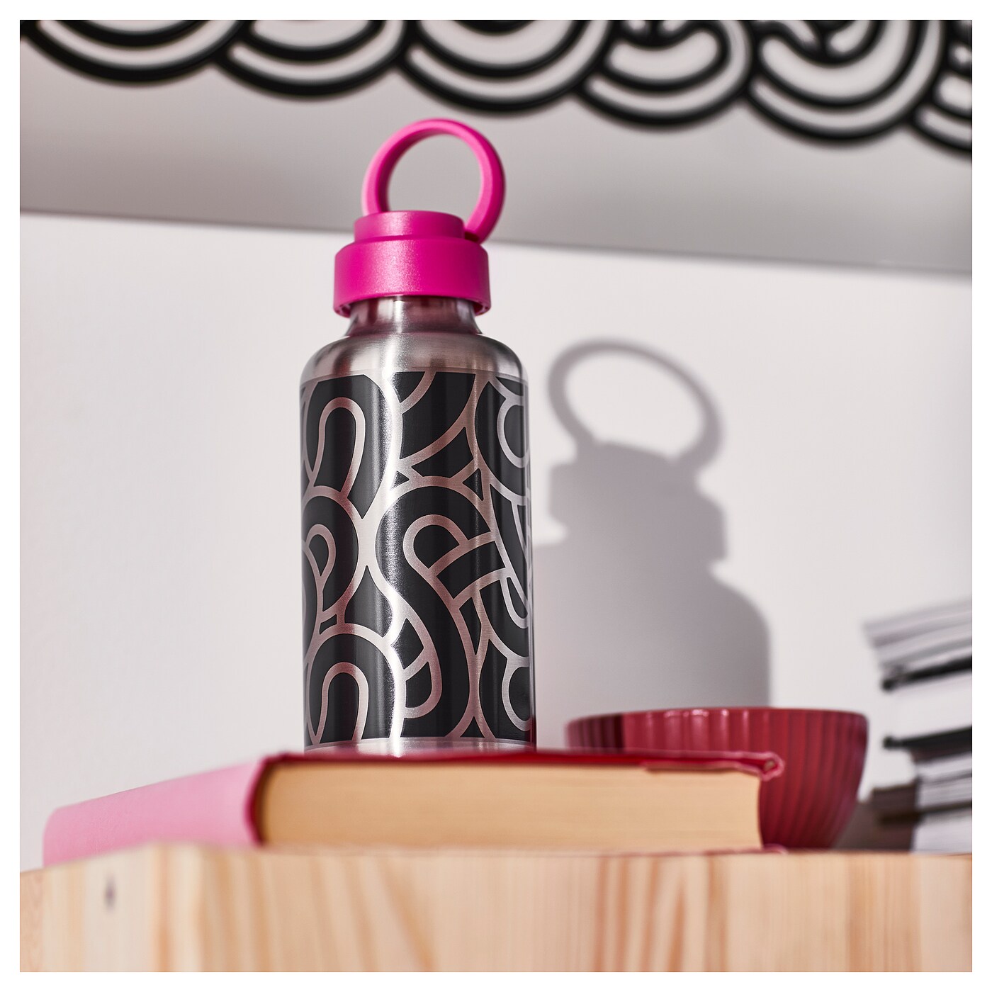 ENKELSPÅRIG water bottle stainless steel patterned/black pink - IKEA