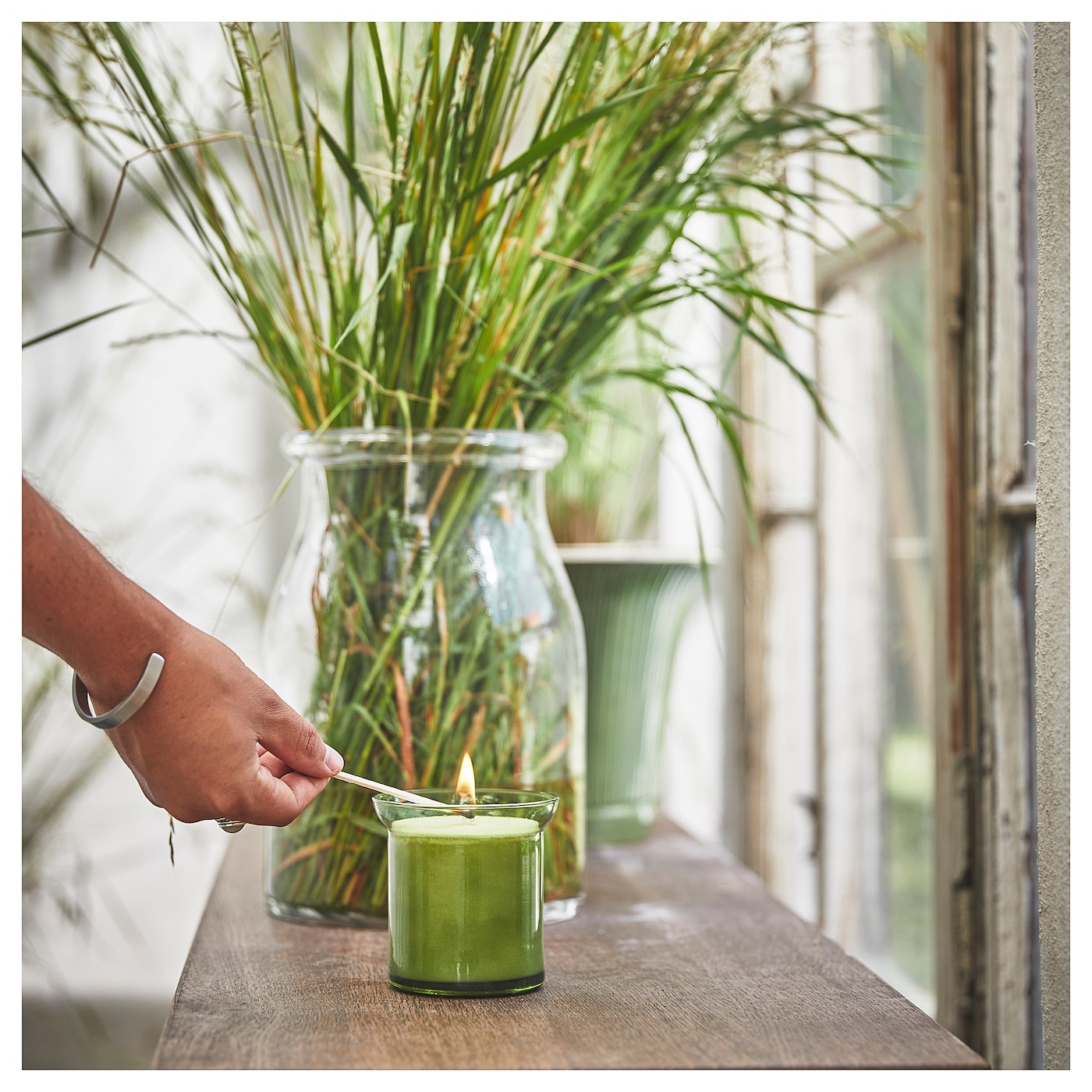 HEDERSAM scented candle in glass Fresh grass/light green - IKEA