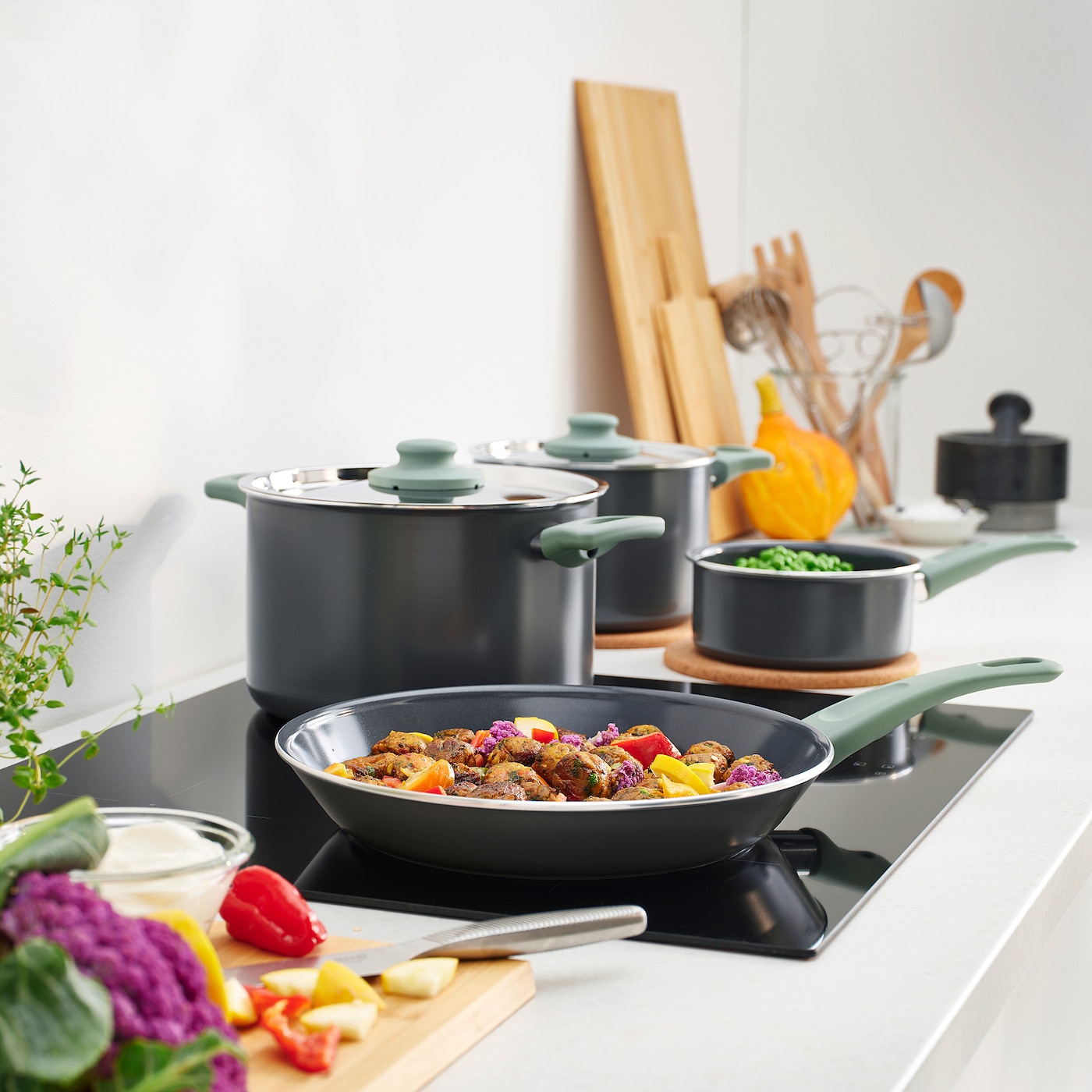 HEMLAGAD 6-piece cookware set non-stick coating light grey-green/grey ...