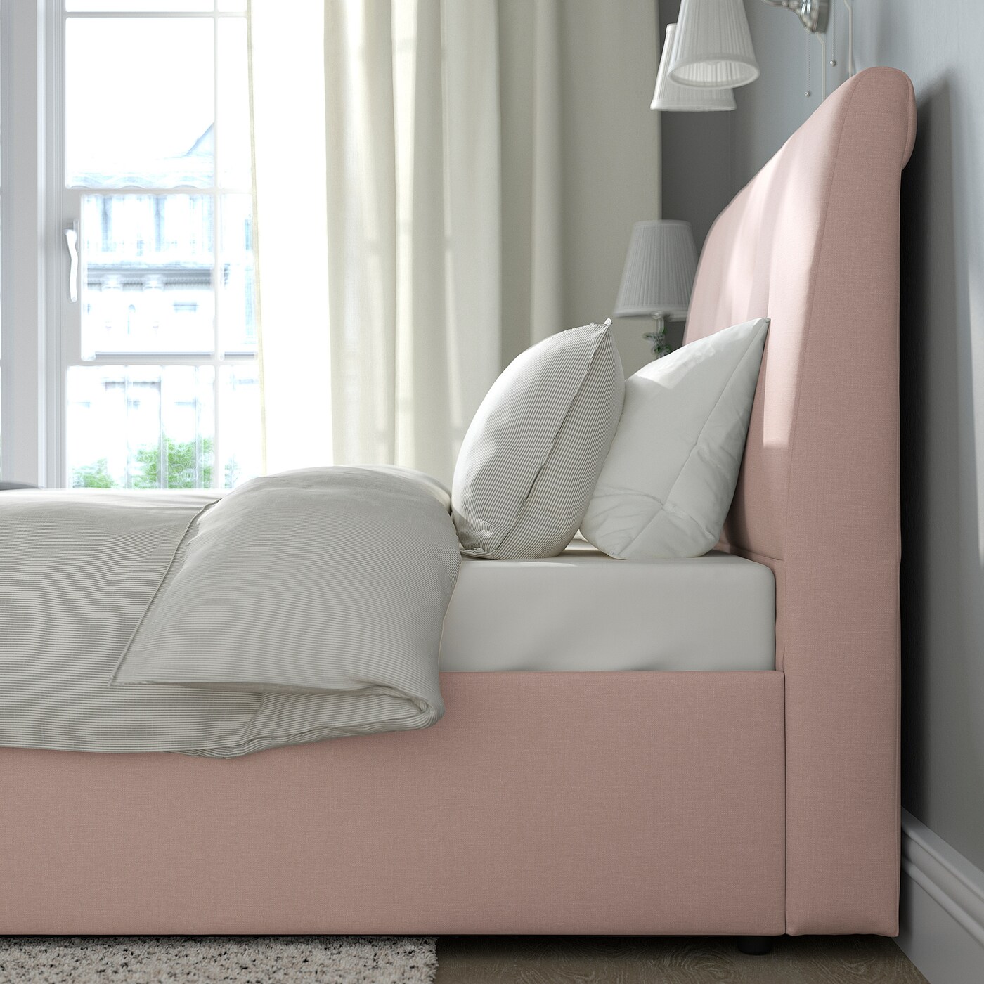 IDANÄS upholstered ottoman bed Gunnared pale pink - IKEA