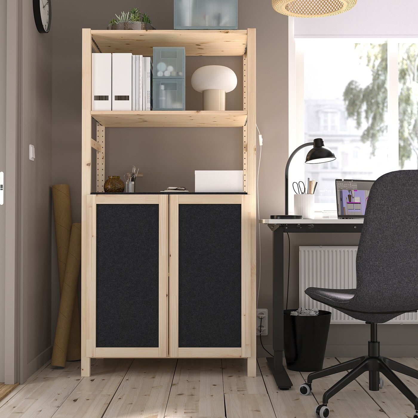IVAR shelving unit with doors pine/felt - IKEA