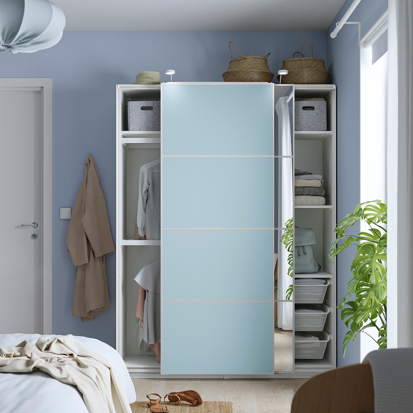 PAX MEHAMN AULI wardrobe with sliding doors white double sided light blue mirror glass IKEA