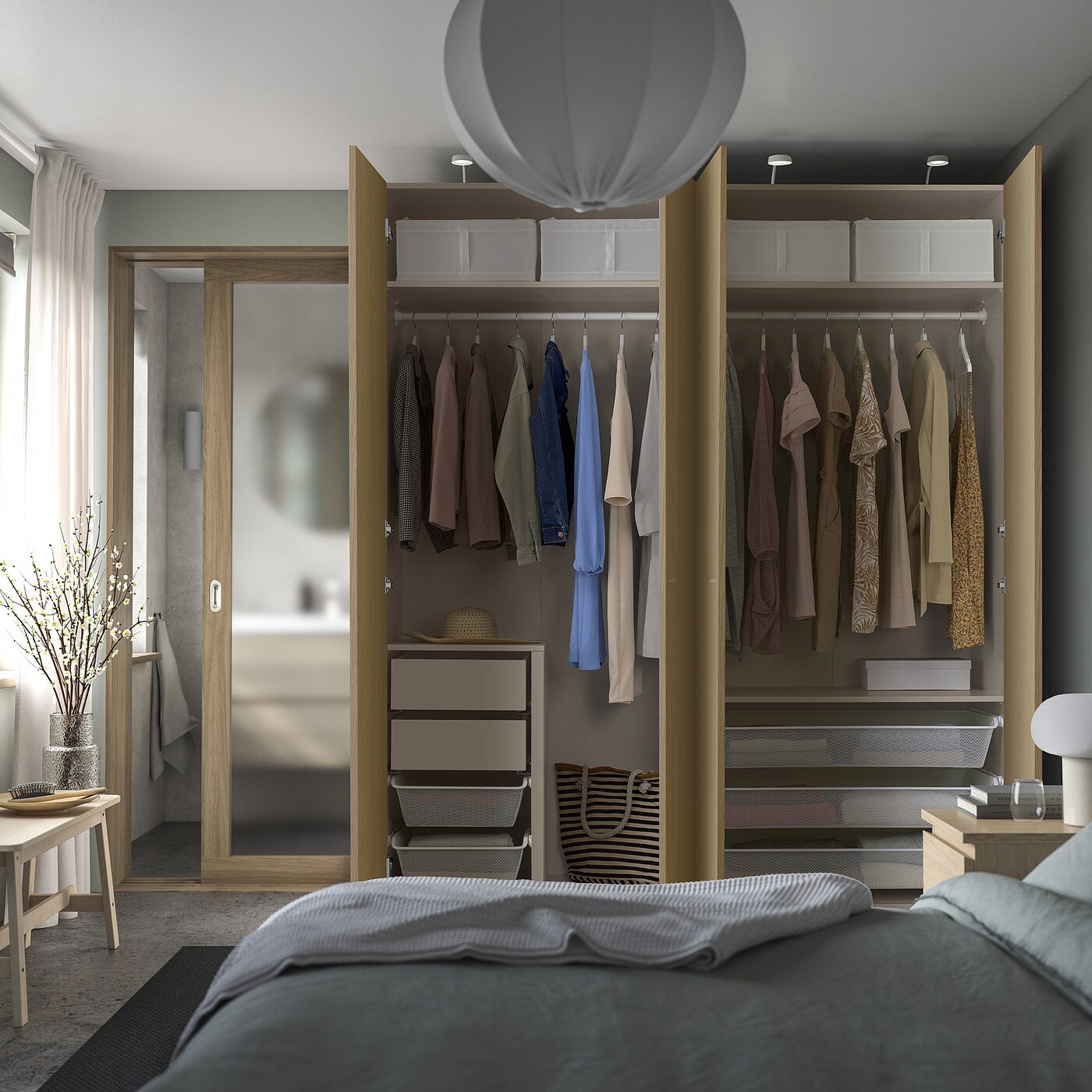 PAX / STORKLINTA wardrobe combination grey-beige/oak effect - IKEA