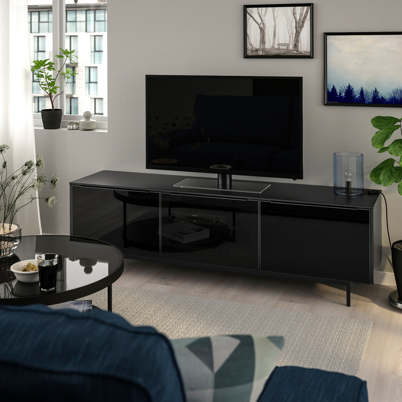 RANNÄS TV bench with doors black/black glass - IKEA