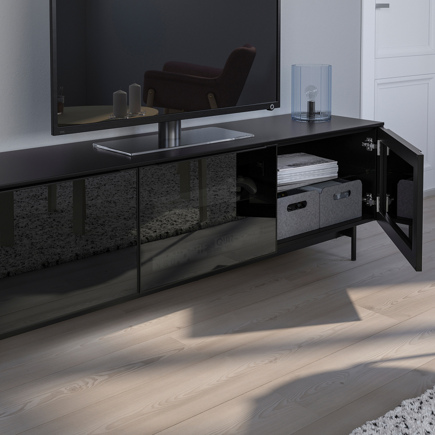 RANNÄS TV bench with doors black/black glass - IKEA