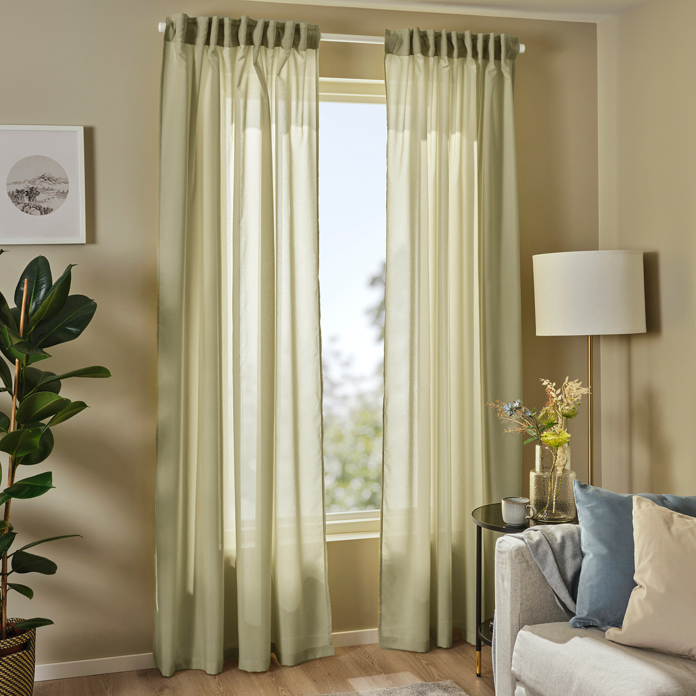 ROSENROBINIA sheer curtain, 1 piece light olive-green/with heading tape ...