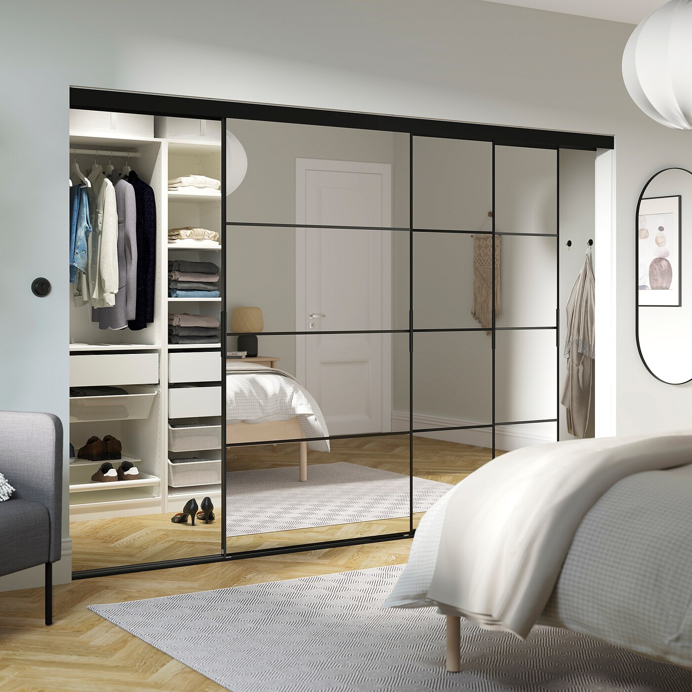 SKYTTA / PAX walk-in wardrobe with sliding doors black/Auli mirror ...