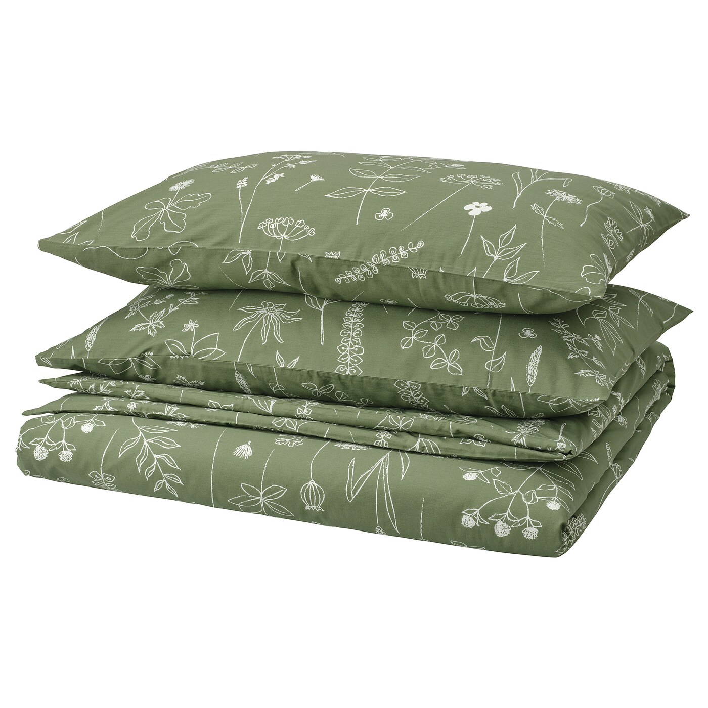 SLÅNGULDMAL duvet cover and 2 pillowcases green/floral pattern - IKEA