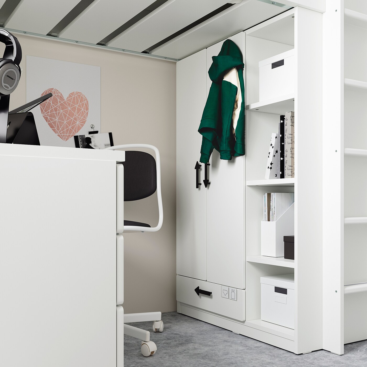 SMASTAD loft bed white green with desk with 3 drawers IKEA
