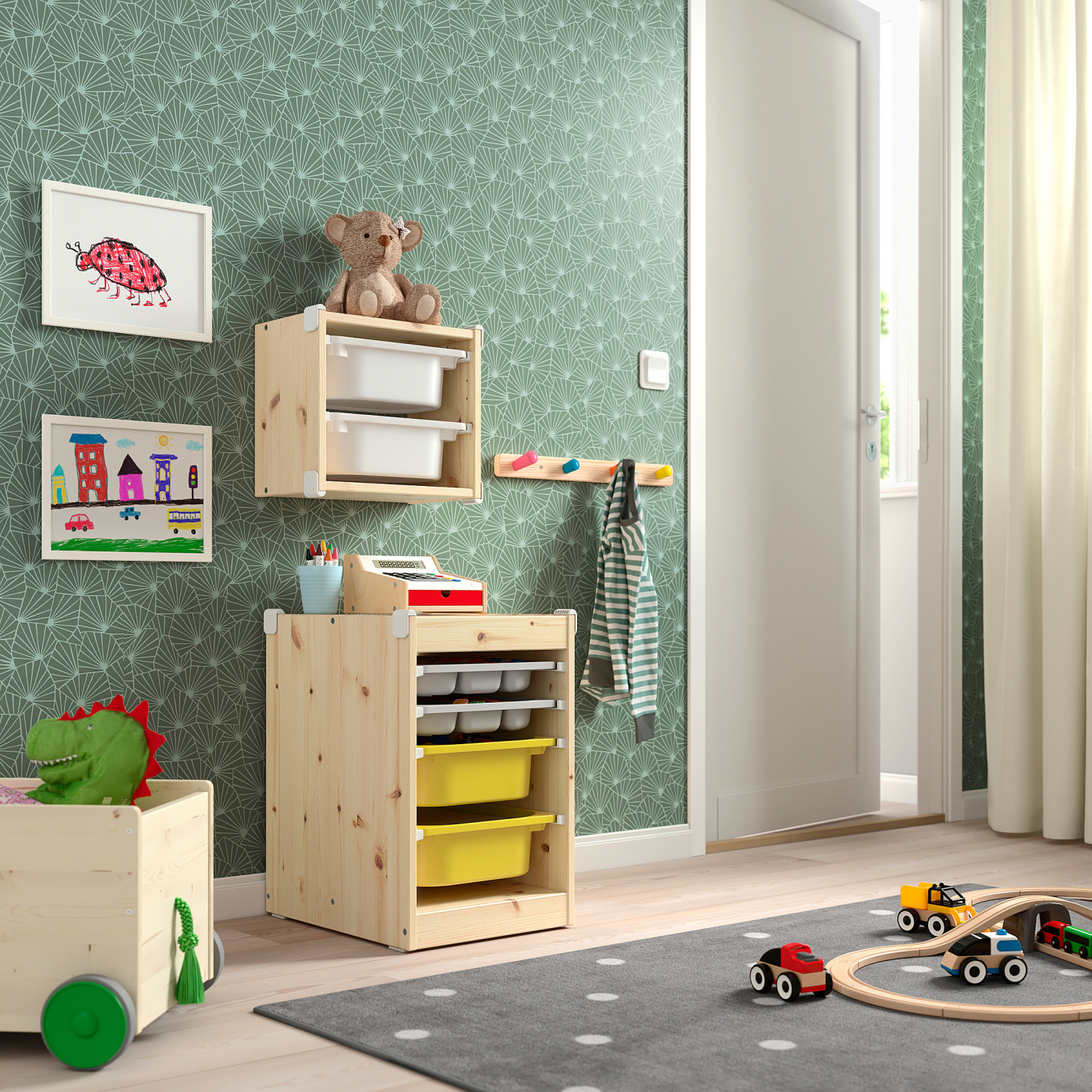 TROFAST storage combination w boxes/trays light white stained pine grey ...