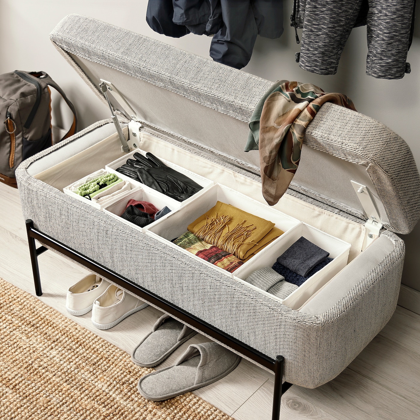 VALTORP 瓦尔托普 长凳 带储物/维阿普面料 米黄色/褐色 - IKEA